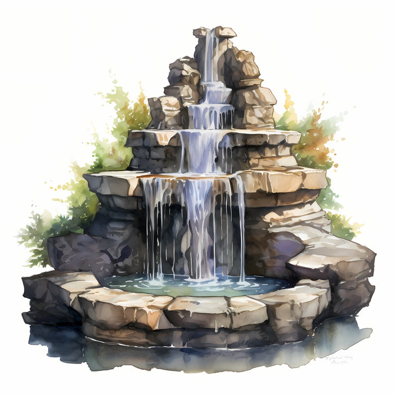 Garden Fountain Clipart, Stone Water Fountain Images, 10 Watercolor ...