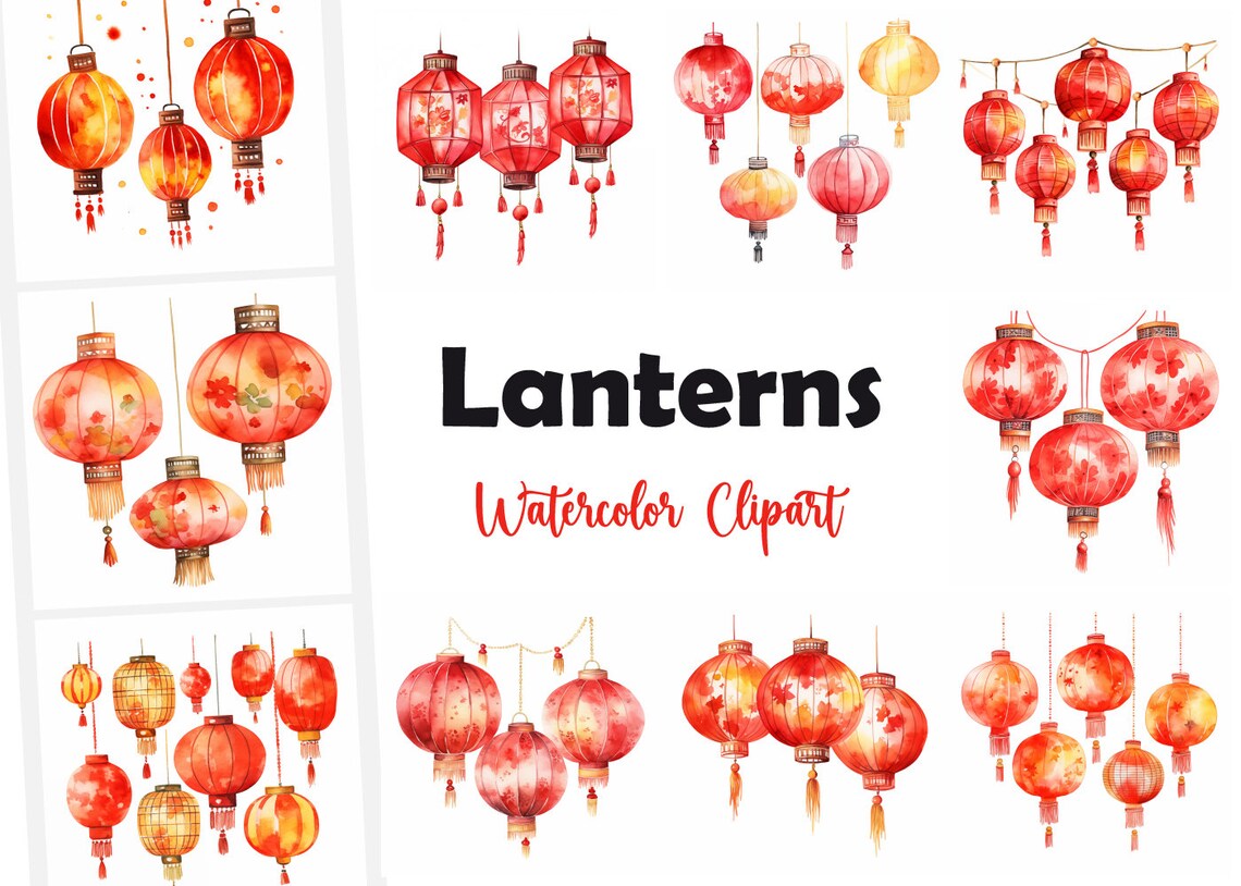 10 Chinese Lanterns Clipart, Chinese Lanterns JPG, Watercolor Clipart ...