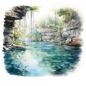 Cenote Landscape Clipart, Mexican Cenote Images, 10 Watercolor Clip Art ...