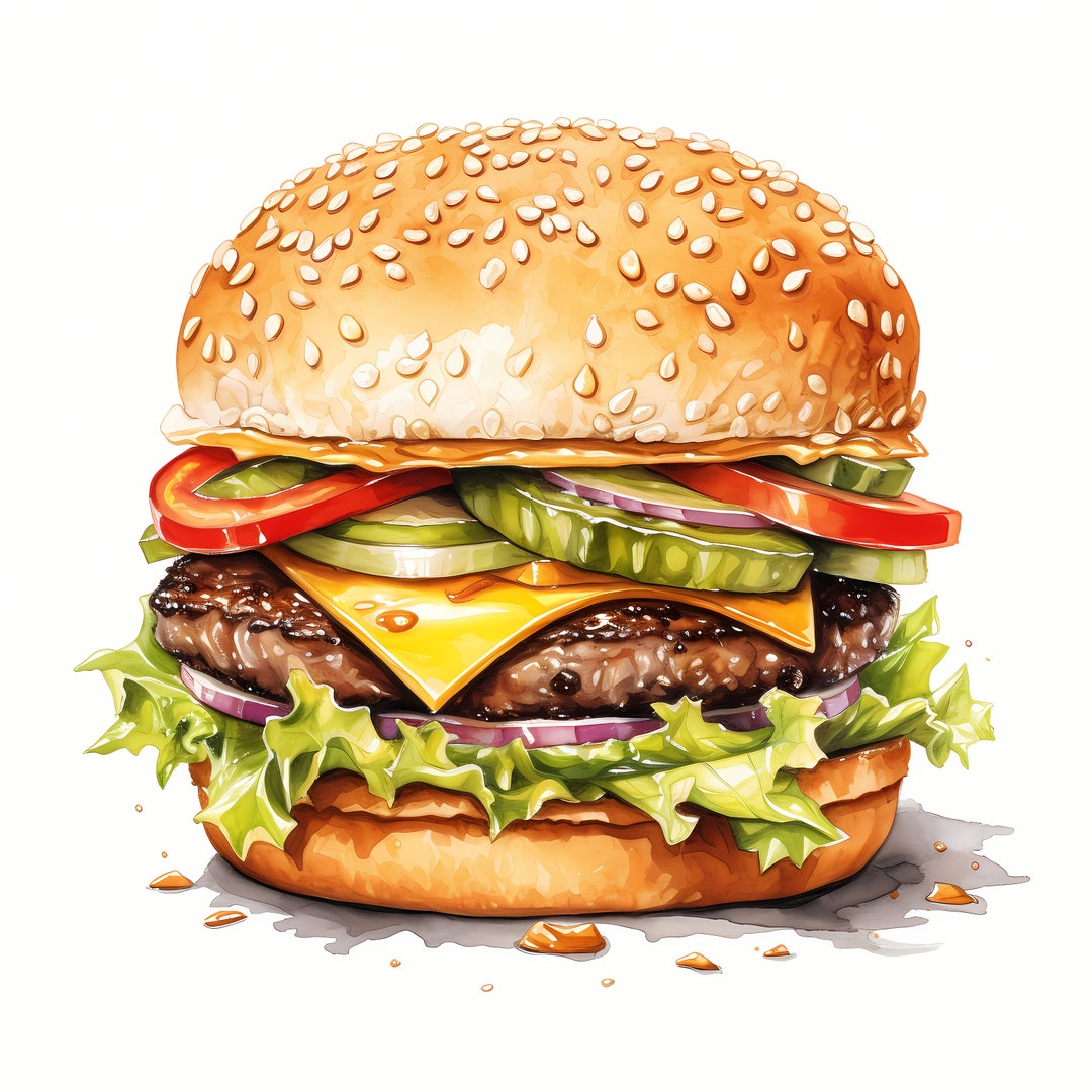 Cheeseburger Clipart, Tasty Burger, Hamburger Images, 10 Watercolor ...