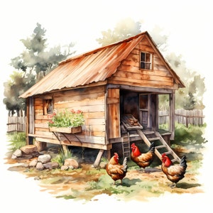 Chicken Coop Clipart, Chickens in Coop Images, 10 Watercolor Clip Art ...