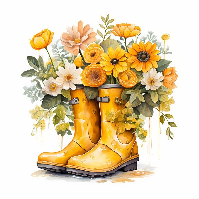 Yellow Rainboots Clipart, Flowers Rain Boot Images, 10 Watercolor Clip ...