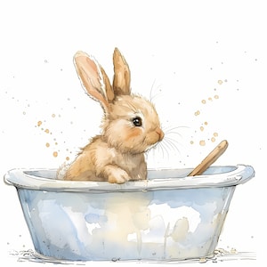 Bunny in Bathtub Clipart, Bunny Washing Images, 10 Watercolor Clip Art ...