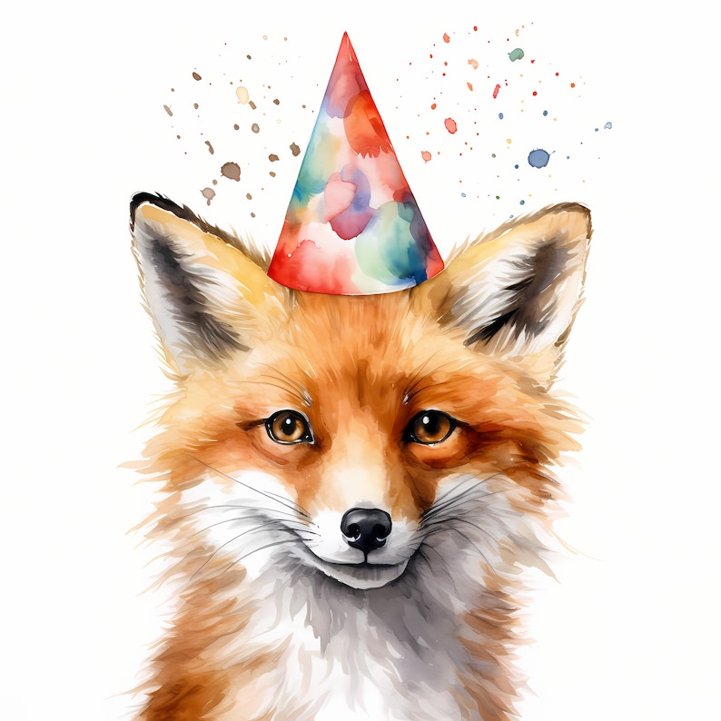 Watercolor Fox Clipart: Party Hat Animal Images (JPG Digital Download ...