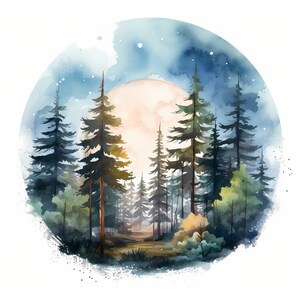 Full Moon Over Forest Clipart, Forest Moon Images, 10 Watercolor Clip ...
