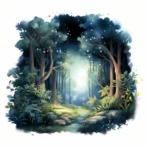 Watercolor Magical Night Forest Clipart: 10 JPG Images (commercial Use ...