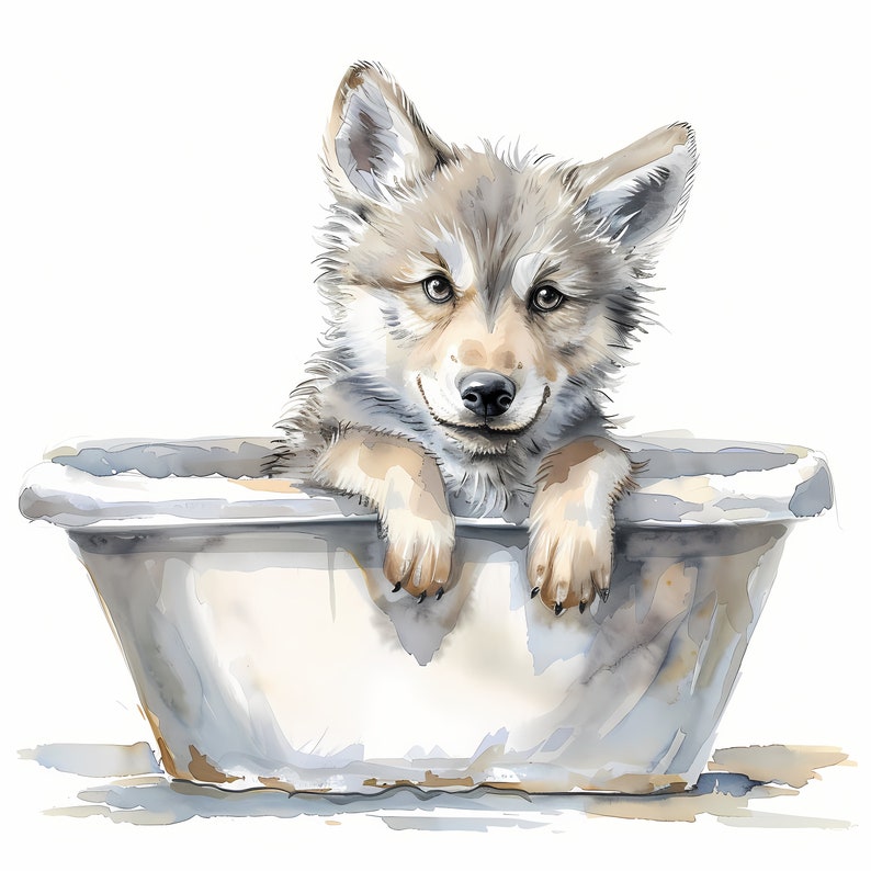 Wolf in Bathtub Clipart, Wolf Washing Images, 10 Watercolor Clip Art ...