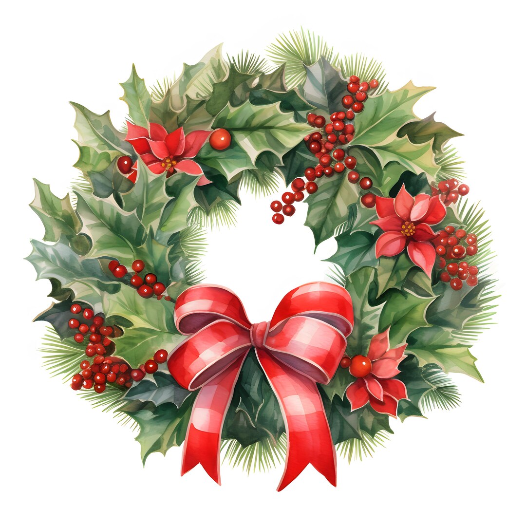Christmas Wreath Clipart, Winter Holly Wreath Images, 10 Watercolor ...