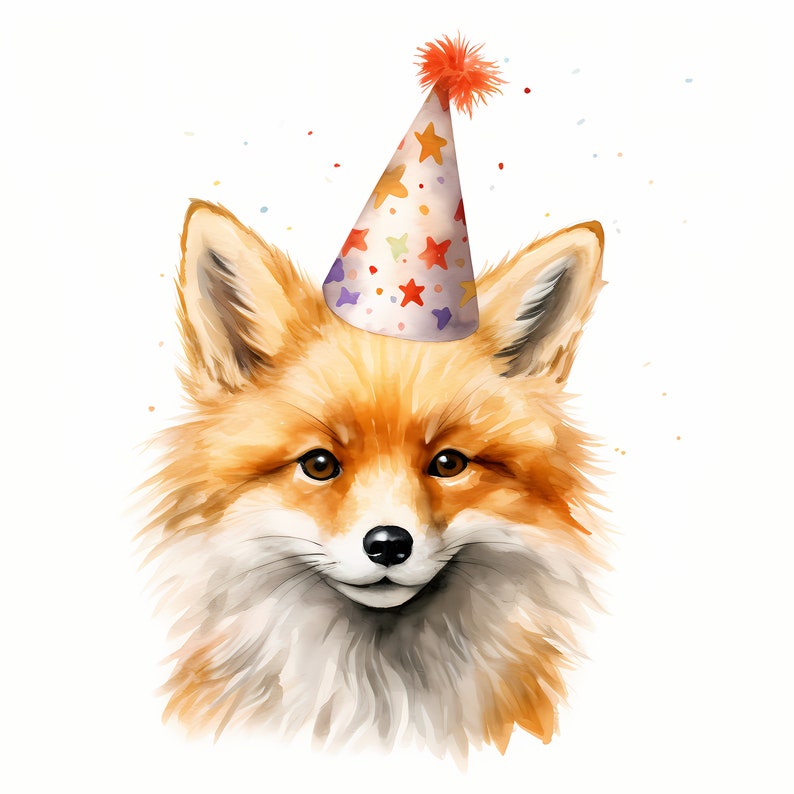 Watercolor Fox Clipart: Party Hat Animal Images (JPG Digital Download ...