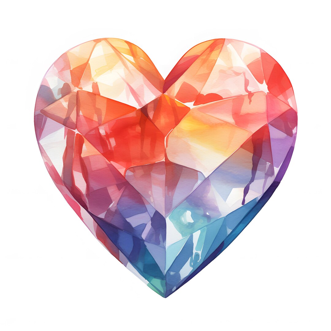 Watercolor Crystal Heart Clipart: Diamond Gemstone Images (JPG Digital ...