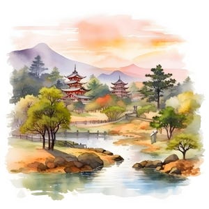 Japanese Landscape Clipart, Japan Scene Images, 10 Watercolor Clip Art ...