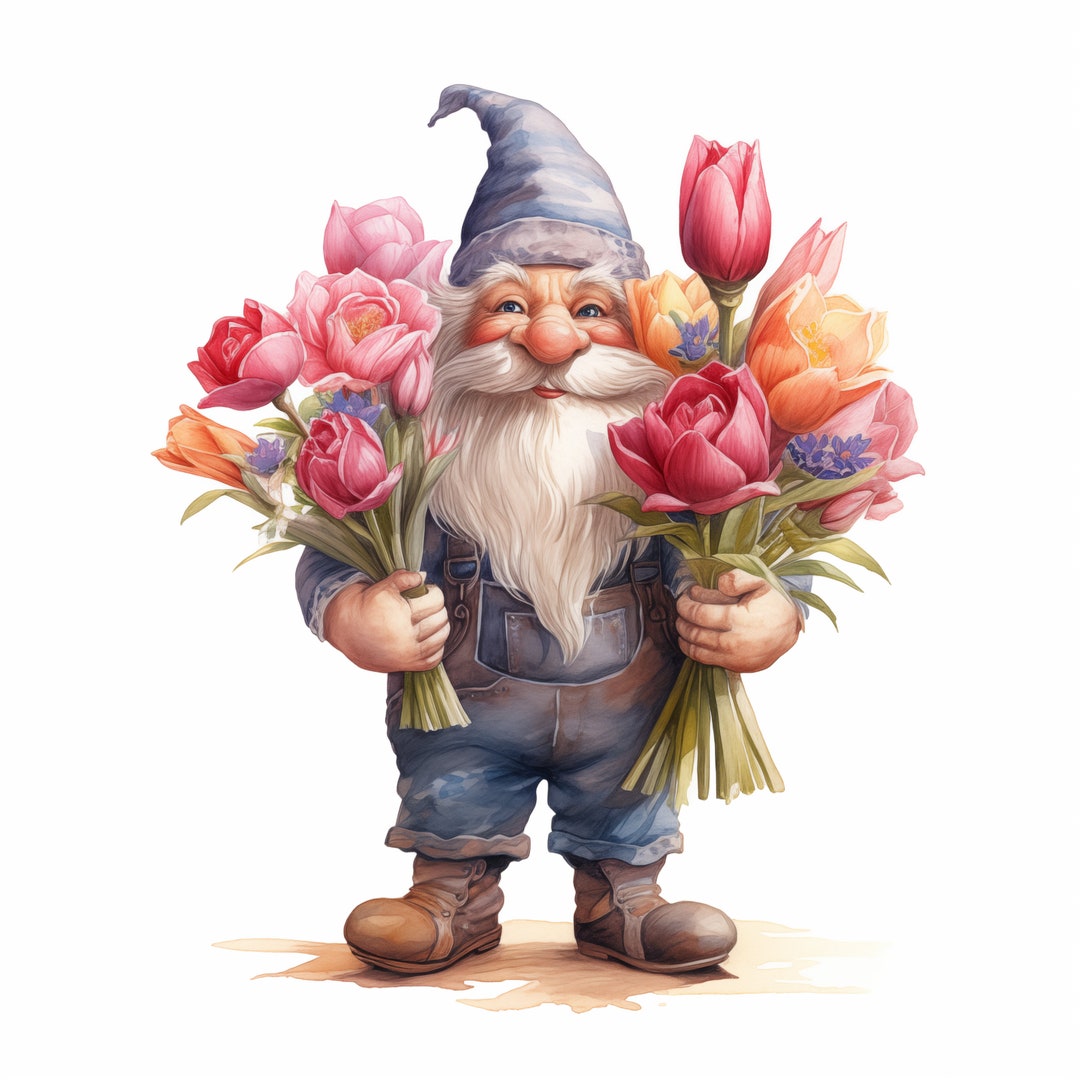 Floral Gnome Clipart, Gnome With Flowers Images, 10 Watercolor Clip Art ...