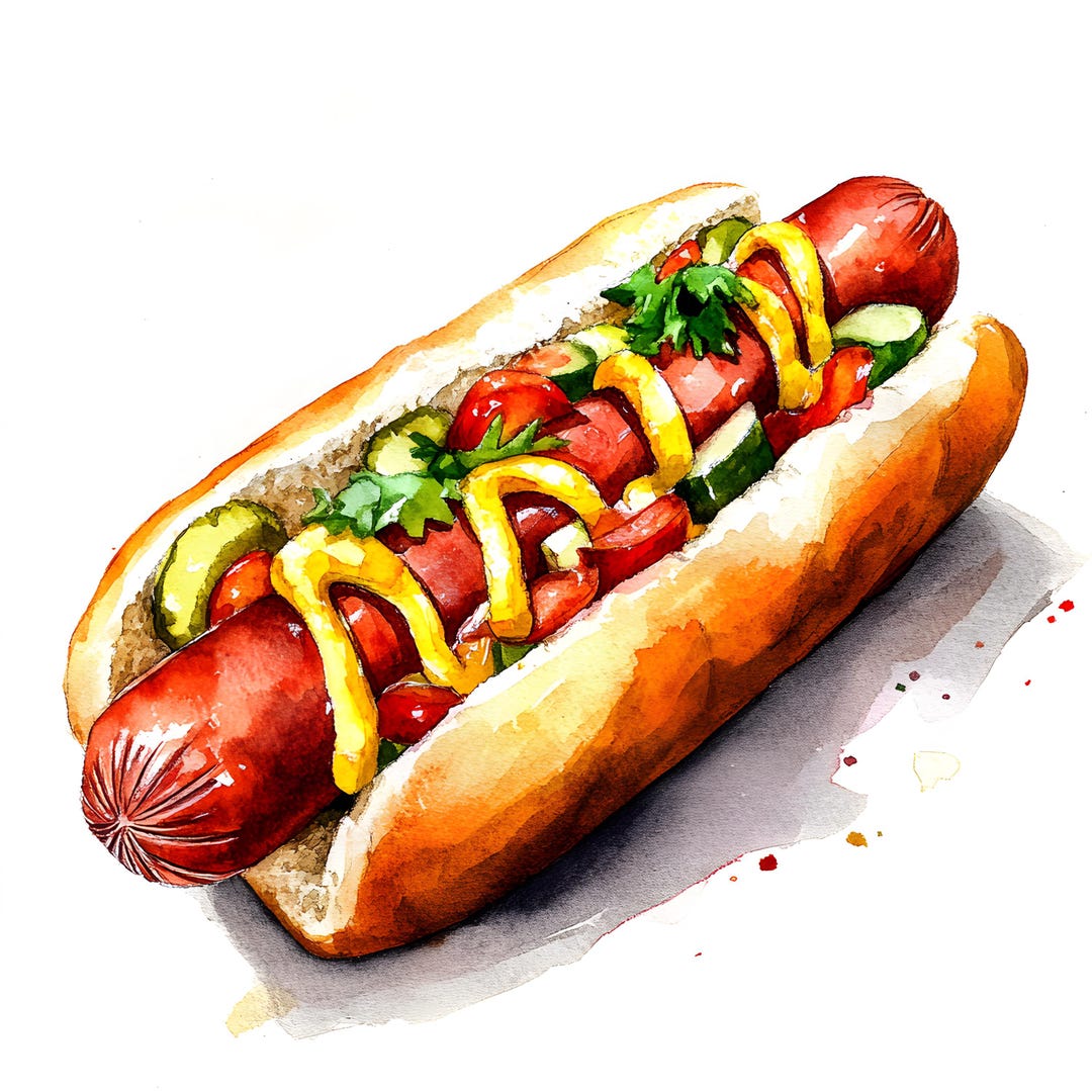 Hot Dog Clipart, Fast Food Images, 10 Watercolor Clip Art, Printable ...