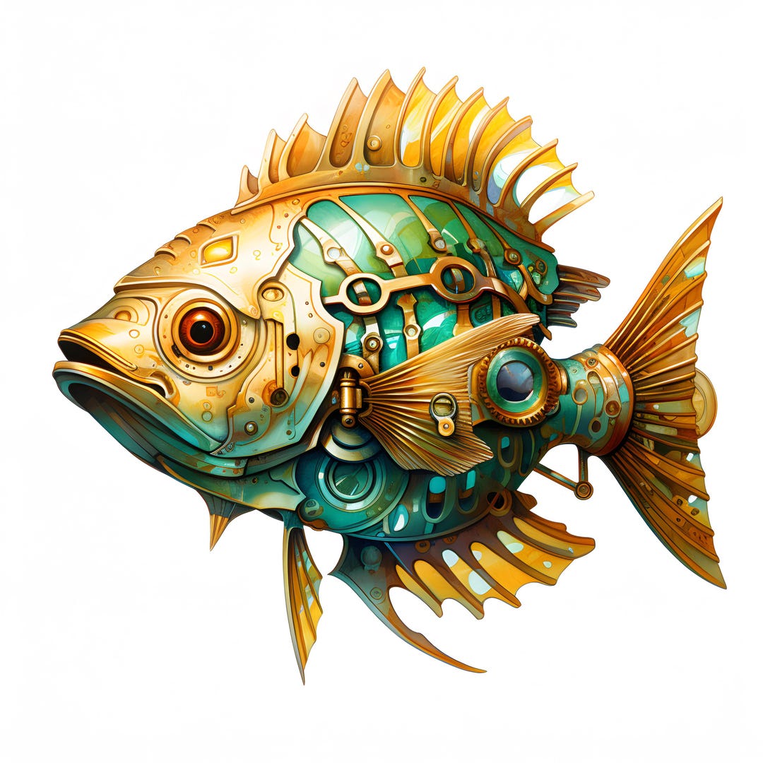 Steampunk Fish Clipart, Cyber Fish Images, 10 Watercolor Clip Art ...