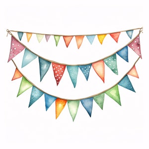Bunting Clipart, Party Flags Images, 10 Watercolor Clip Art, Printable ...