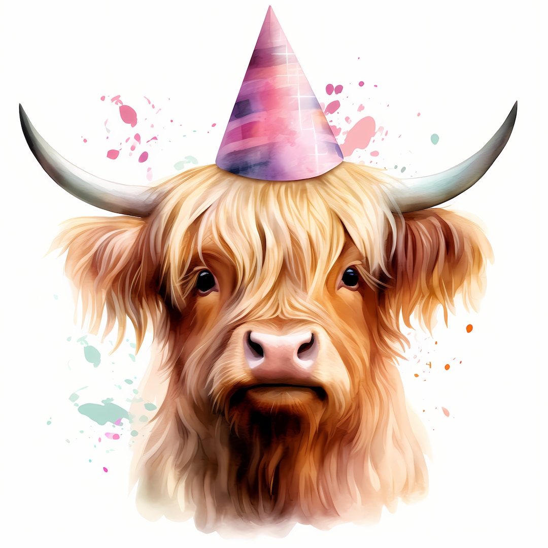 Highland Cow Clipart, Cow With Party Hat Images, 10 Watercolor Clip Art ...