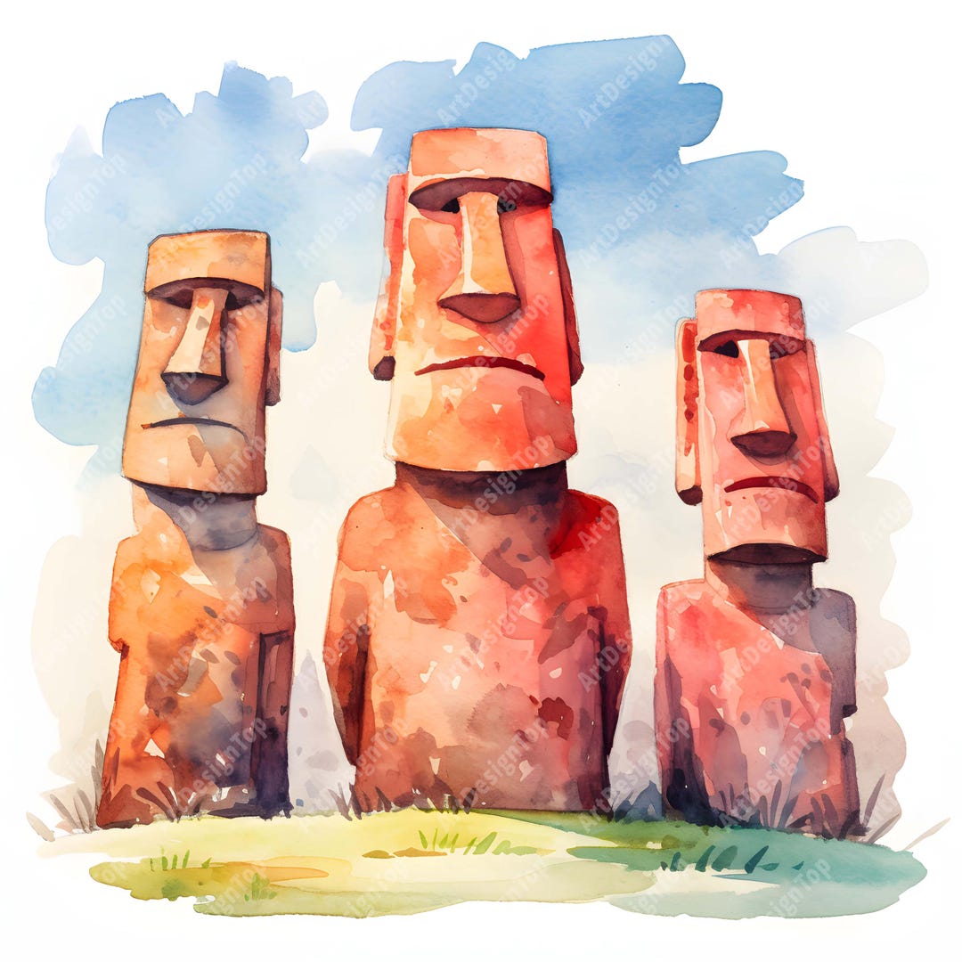 Moai Statues Clipart, Easter Island Moai Images, 10 Watercolor Clip Art ...