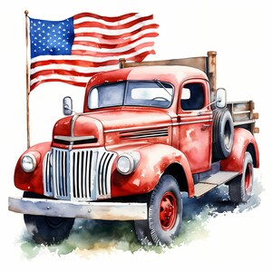 Patriotic Truck Clipart, July 4th Pickup Truck Images, 10 Watercolor ...