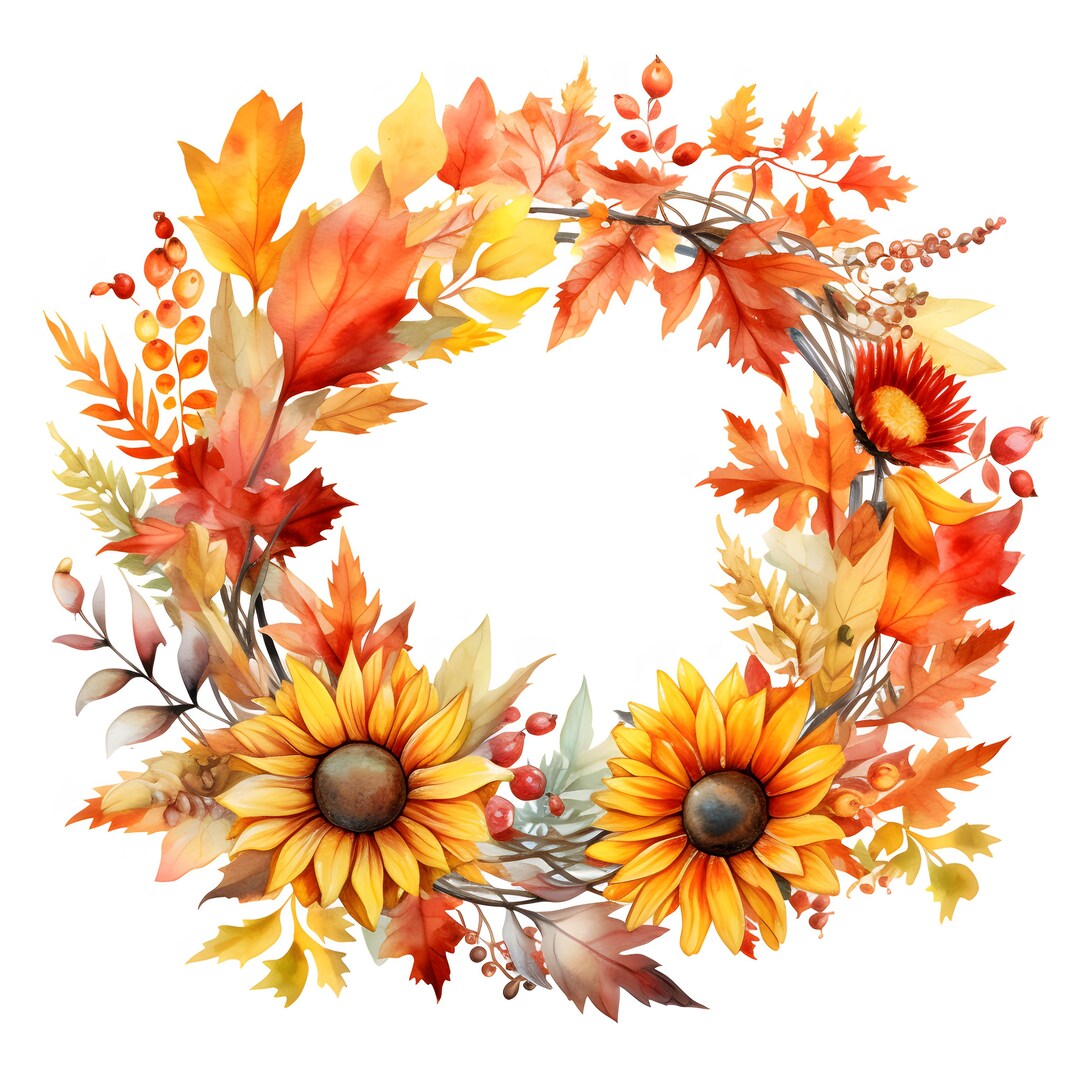 Watercolor Fall Wreath Clipart: Autumn Leaves, Sunflowers (jpgs ...