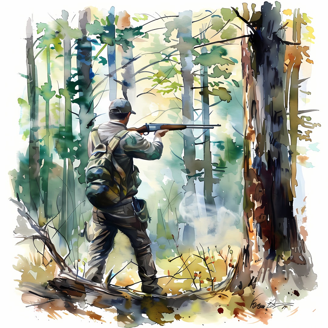 Hunter Clipart, Hunting in Forest Images, 10 Watercolor Clip Art ...