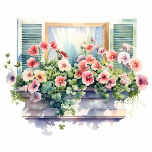 Spring Windows Clipart, Flowers Window Boxes Images, 10 Watercolor Clip Art, Printable Jpgs ...