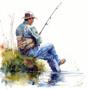 Watercolor Fishing Clipart: Man Fishing Images (JPG Instant Download ...