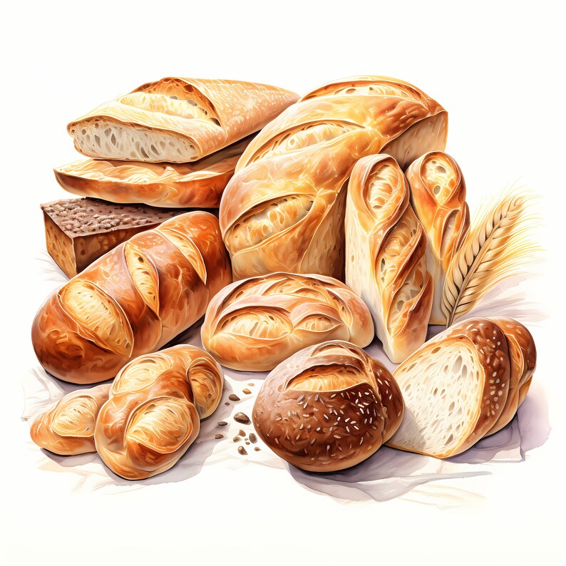 Watercolor Bread Clipart: Baked Bread Images for Commercial Use (jpgs ...
