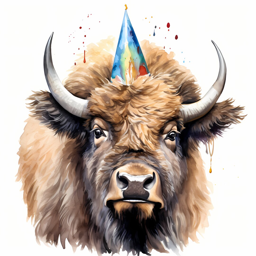 American Bison Clipart, Bison With Party Hat Images, 10 Watercolor Clip ...