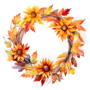 Watercolor Fall Wreath Clipart: Autumn Leaves, Sunflowers (jpgs ...