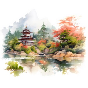 Japanese Landscape Clipart, Japan Scene Images, 10 Watercolor Clip Art ...