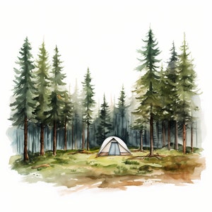 Camping Clipart, Camp in Forest Images, 10 Watercolor Clip Art ...
