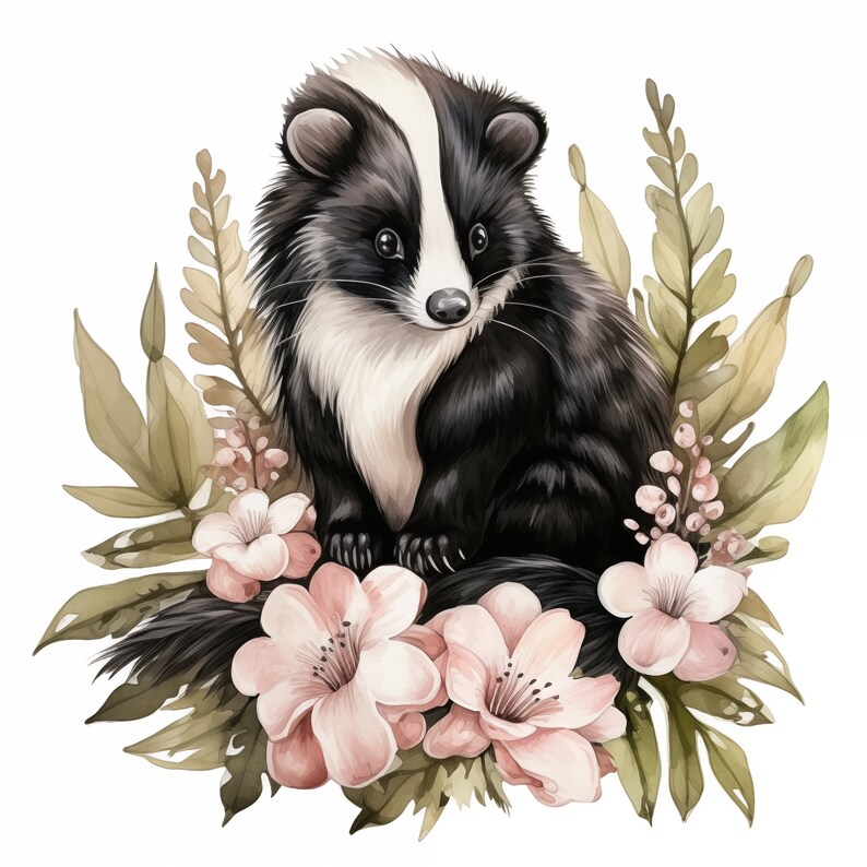 10 Skunk With Flowers Clipart, Skunk JPG, Watercolor Clipart, High ...