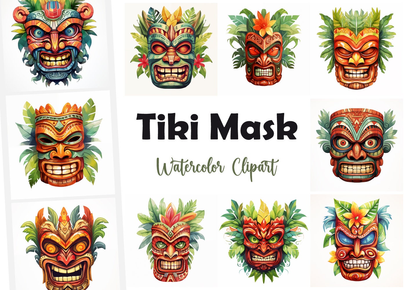 Tiki Mask Clipart, Hawaiian Tiki Mask Images, 10 Watercolor Clip Art ...