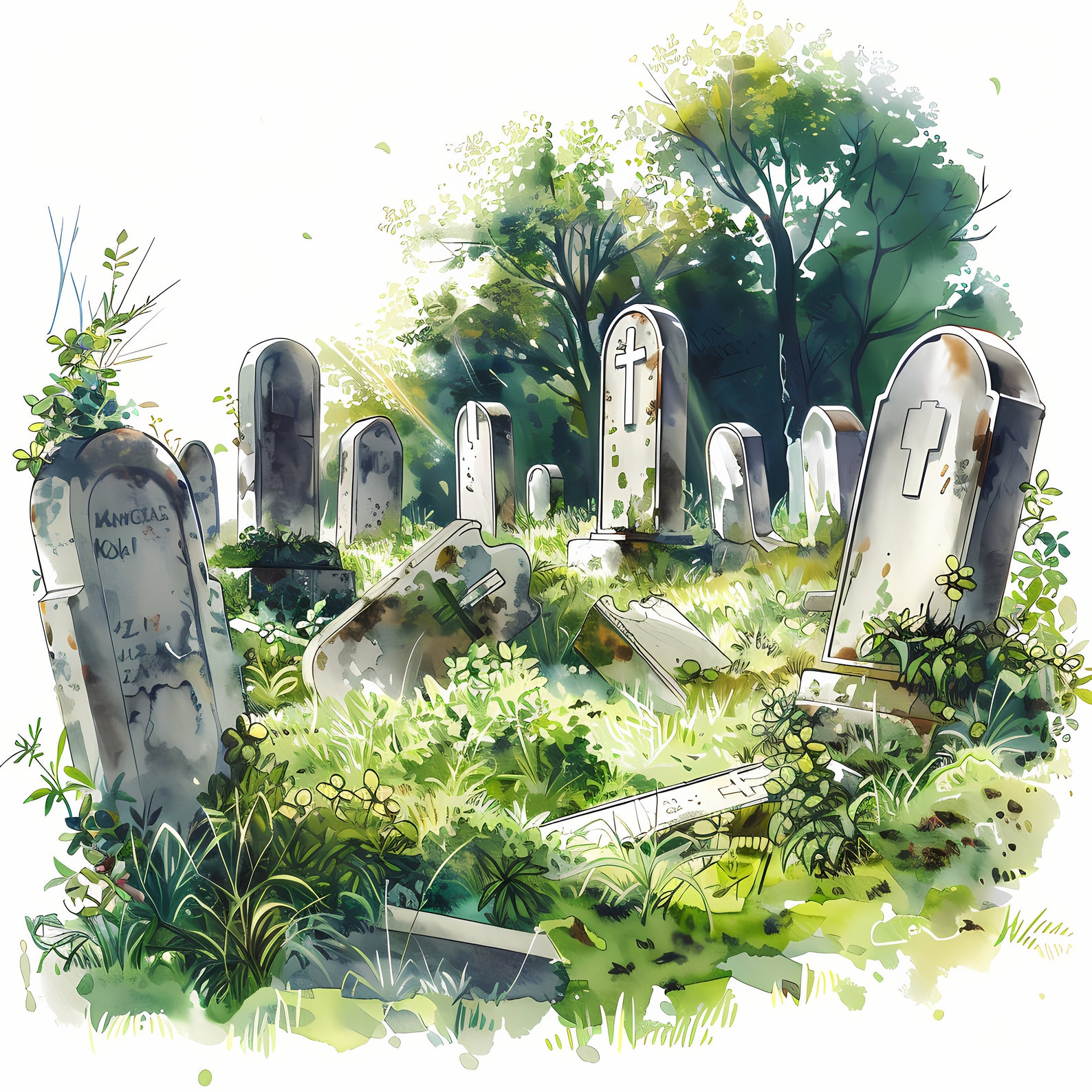 Watercolor Cemetery Clipart: Spooky Graveyard Images (JPG Digital ...