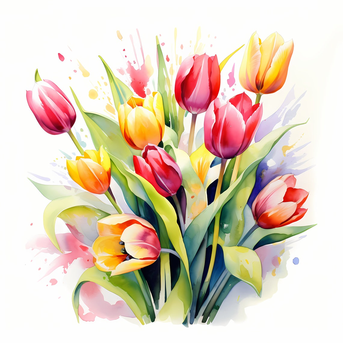 Tulips, Bouquet of Tulips, Spring Flowers Watercolor Clipart Set With ...