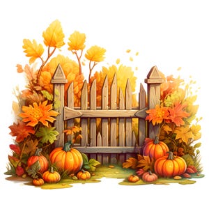 Watercolor Autumn Fence Clipart: Garden Images (jpgs, Commercial Use ...