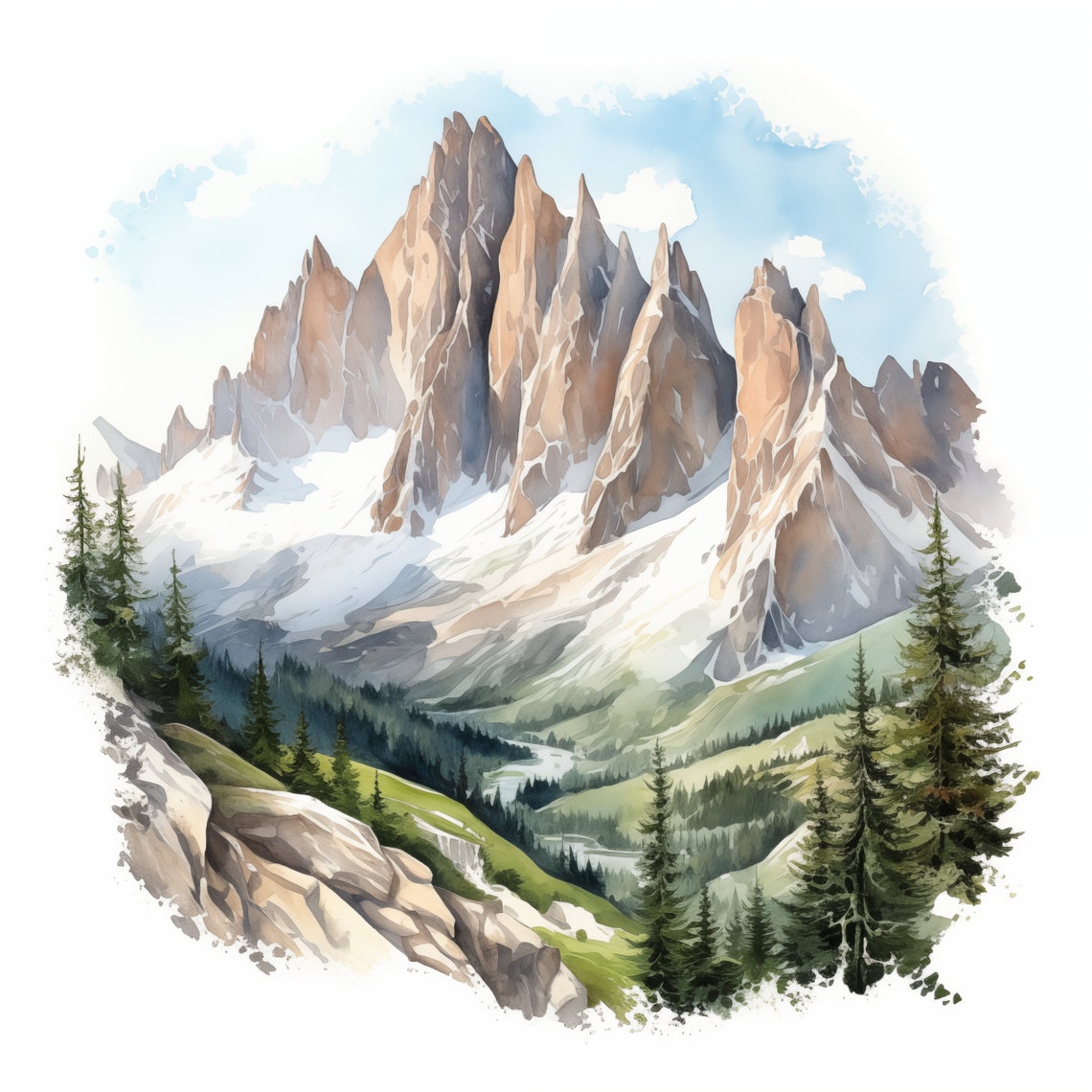 Dolomites Italy Watercolor Clipart: Landscape Jpgs (commercial Use ...