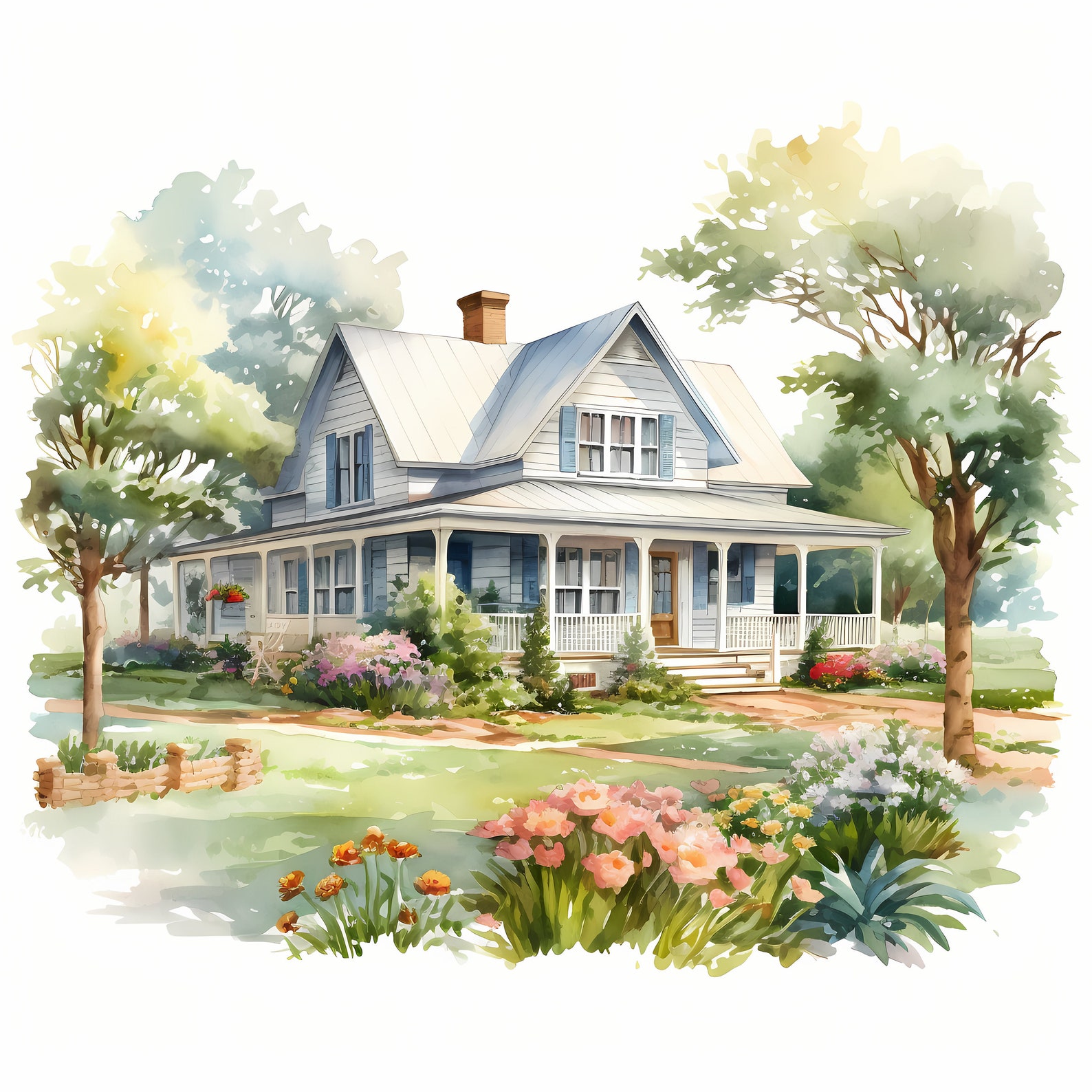 Country Farmhouse Clipart, Garden House Images, 10 Watercolor Clip Art ...