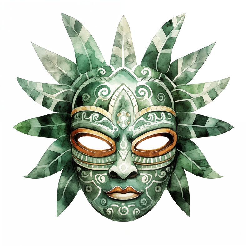 10 Aztec Jade Mask Clipart, Ancient Aztec Mask JPG, Watercolor Clipart ...