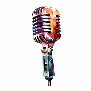 Watercolor Retro Microphone Clipart: Printable JPG Images (commercial ...