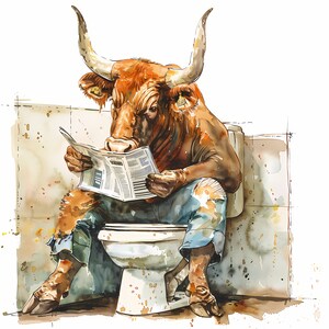 Funny Bull on Toilet Watercolor Clipart: Printable Bathroom Art (JPG ...