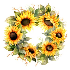 Watercolor Sunflower Wreath Clipart: Commercial Use JPG Images (digital ...