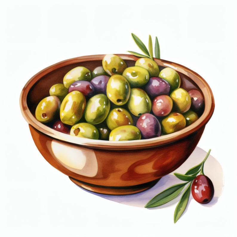 Olives Clipart, Olive Bowl Food Images, 10 Watercolor Clip Art ...