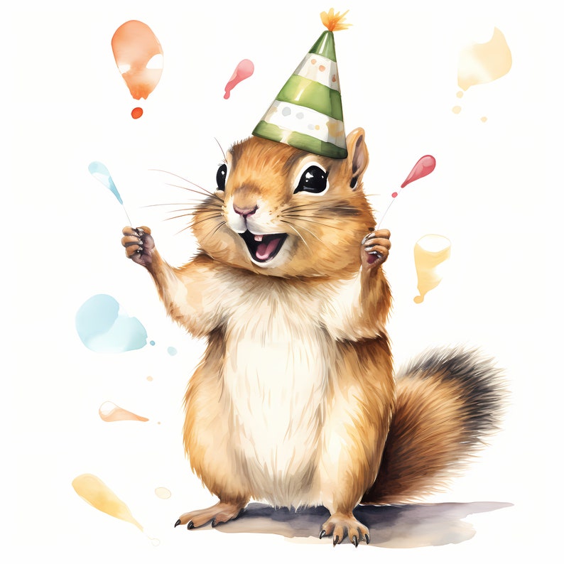 Chipmunk Clipart, Chipmunk With Party Hat Images, 10 Watercolor Clip ...