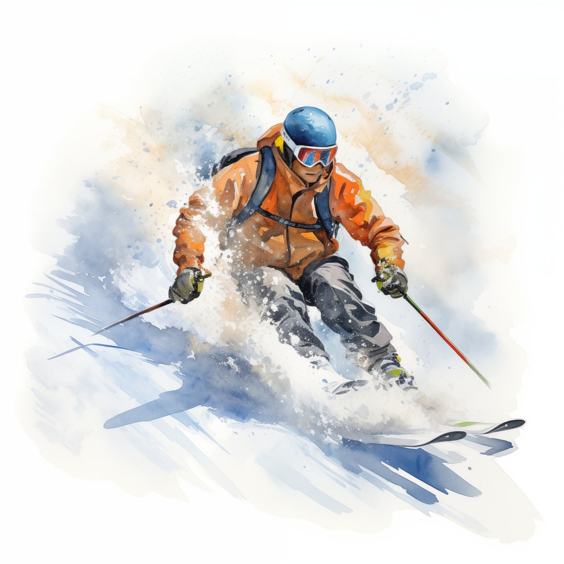 Watercolor Skiing Clipart: Winter Sports JPG Images (digital Download ...