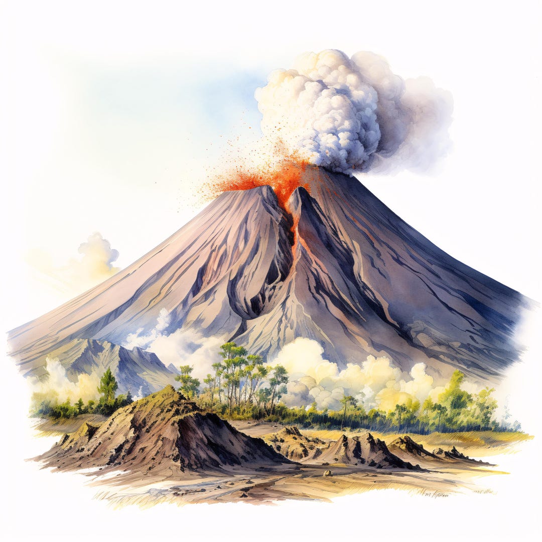 Volcano Clipart, Erupting Mountain Images, 10 Watercolor Clip Art ...