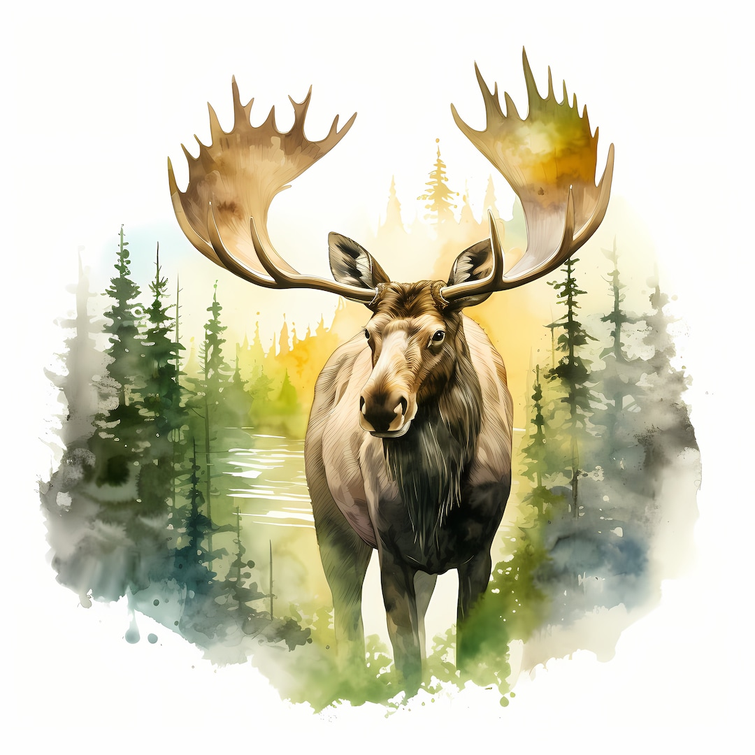 Moose Clipart, Moose and Forest Double Exposure Images, 10 Watercolor ...