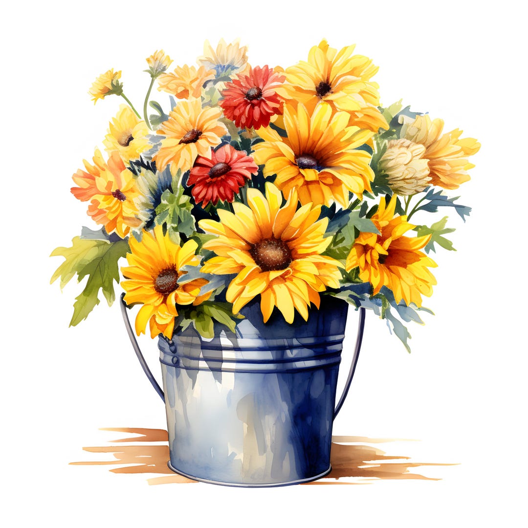 Flowers in Bucket Clipart, Flower Bucket Images, 10 Watercolor Clip Art ...