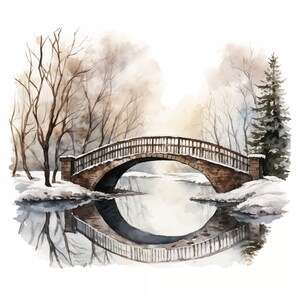 Bridge in Winter Clipart, Winter Bridge Images, 16 Watercolor Clip Art ...
