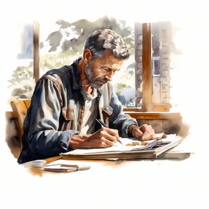 Man Writing Clipart, Writer Images, 10 Watercolor Clip Art, Printable ...